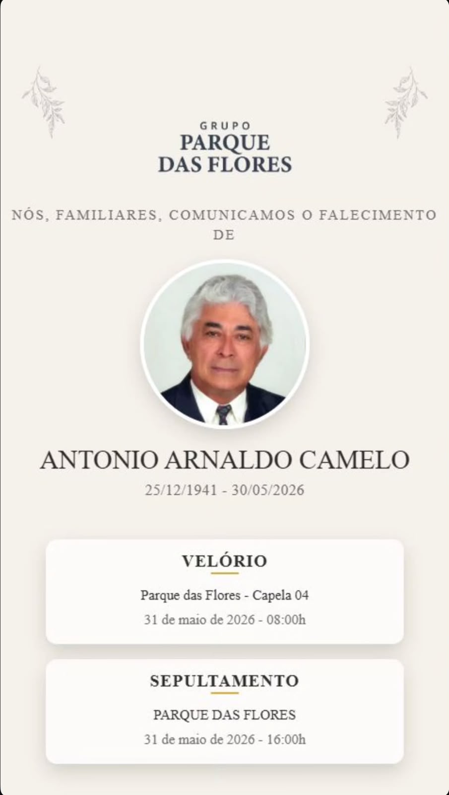 Morre aos 84 anos o ex-vereador Arnaldo Camelo