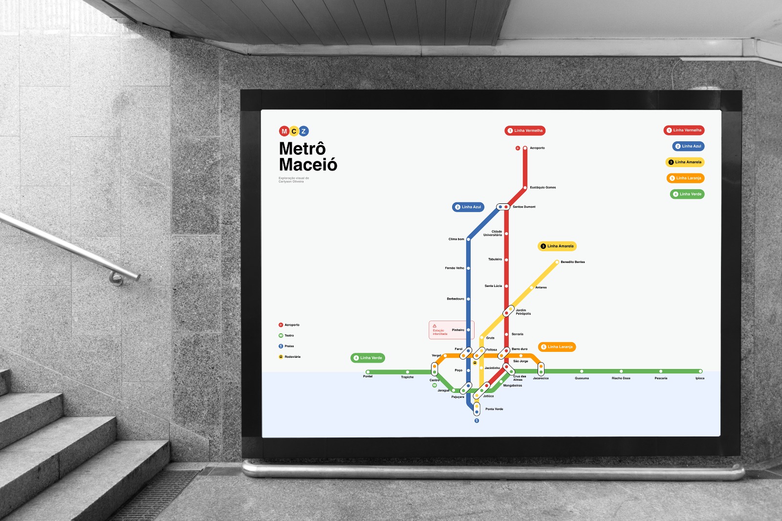 Designer cria mapa visual com linhas e estações de metrô para Maceió