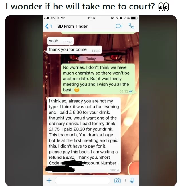 Homem exige reembolso de drinque ao tomar fora após encontro do Tinder Homem exige reembolso de drinque ao tomar fora após encontro do Tinder